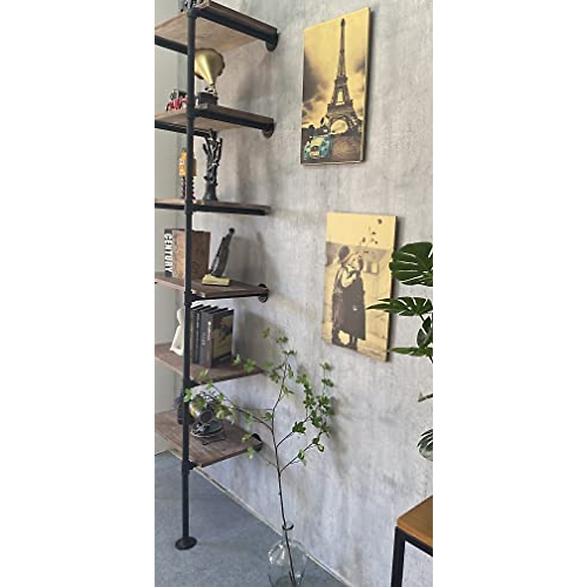 Industrial Pipe Shelving Solid Wood 6-Tier Pipe Shelves 24 inch Ladder Pipe Tall Bookshelf Industrial Floating Wall Shelves for Wall Decor 30 inch Depth Storage Rustic Shelves for Living Room Kitchen