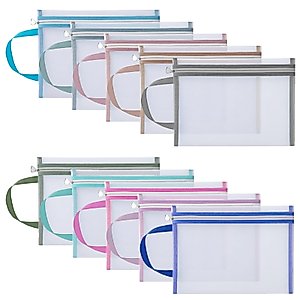 10 Pack Colored Breathable Mesh Zipper Pouch Bags, Large Nylon Toy Storage & Organization Nets with Handle and Zipper, Hangable Visible Puzzle A4 Zipper Pouch for Cross Stitch (10PCS, 1-laye)