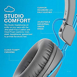 JLab Studio On-Ear Headphones | Wired Headphones | Tangle Free Cord | Ultra-Plush Faux Leather with Cloud Foam Cushions | 40mm Neodymium Drivers with C3 Sound | Gray/Blue