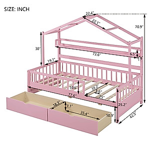 Merax Twin Bed Frames with 2 Drawers Storage Shelf Guardrail, Wooden House Shaped Platform Bed for Kids, No Box Spring Needed