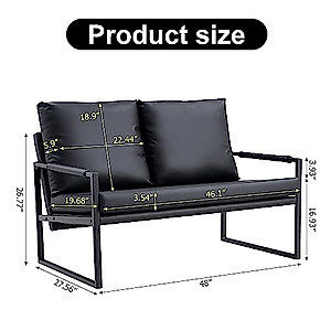 Uunquee Mid-Century Modern Loveseat Sofa,PU Leather 2 Seater Sofa Chair with 2 Pillows,Black Upholstered Accent Chair with Arms for Living Room,Office
