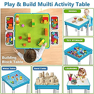 burgkidz Kids 5-in-1 Multi Activity Table Set - Building Block Table with Storage - Play Table Includes 1 Chair and 130 Pieces Compatible Large Bricks Building Blocks for Ages 2 and Up (Blue)