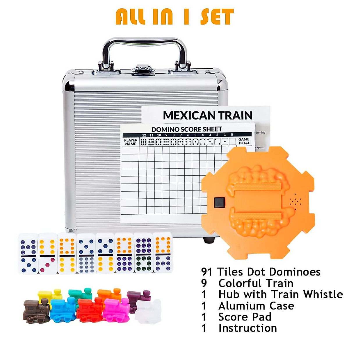 Yinlo Mexican Train Dominoes Set, Hub with Real Train Sound, Double 12 Colored Dot