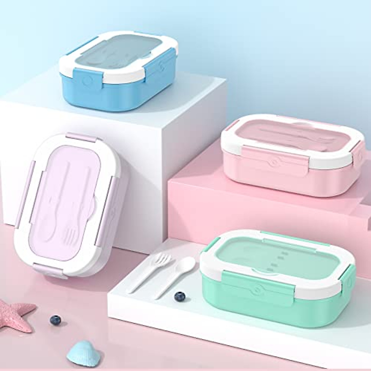 RGNEIN Bento Box Adult Lunch Box, 1300 ML 4-Compartment Bento Lunch Box for Kids, No BPA, Lunch Containers for Adults Come with Fork and Spoon, Leak Proof, Microwaveable, Dishwasherable (Green)