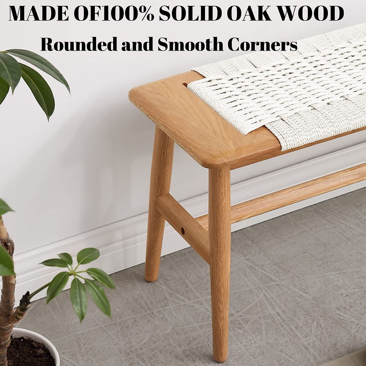 Grewood Wood Dining Bench,100% Natural Solid Oak with Rattan Design, Rounded Edge, Bench for Entryway Hall, Dining Room,Bedroom, Living Room (Off-White, 31.49 inch)