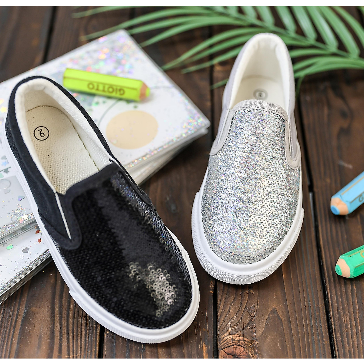 Toandon Girls Boys Kids Sneakers Loafer Shoes Slip On Toddler Sequins Glimmer Glitter Canvas Sparkle Low Top Non Slip Rubber Sole Lightweight Breathable Walking Outdoor Fashion Casual Black Size 2