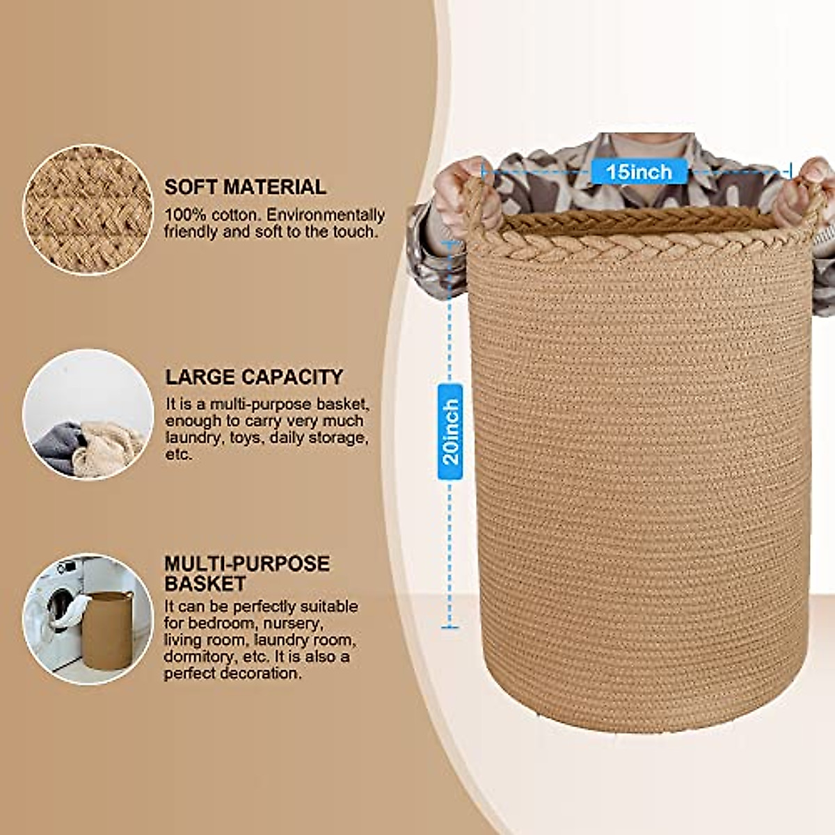 Homlikelan 58L Cotton Woven Laundry Hamper,Foldable Laundry Basket for Blankets,Pillows,Toys,Shoes Tall CLothes Hamper Laundry Bin Light Brown 20''H 15''D