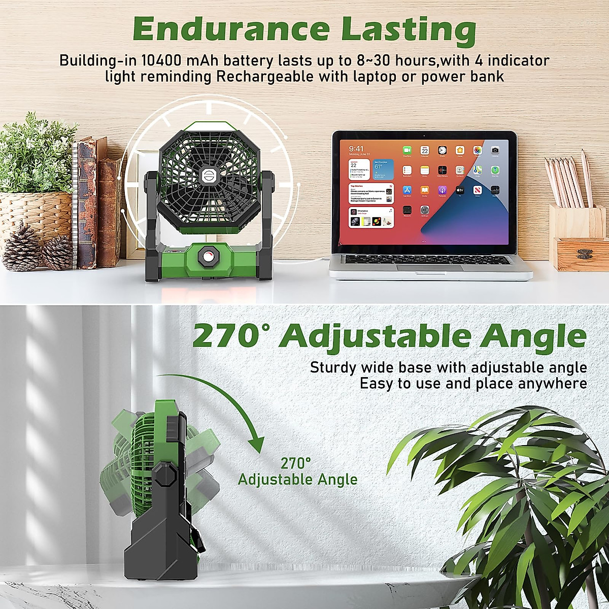 Camping Fan Rechargeable, 10400mAh Portable Battery Operated Camping Fan for Tents, Hangable USB Silent Camping Fans with LED Lantern, Suitable for Fishing, Camping, Bedroom, Workplace (Green)