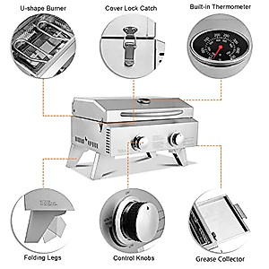 ROVSUN Extra Large 20,000 BTU Portable Gas Grill, 2 Burner Tabletop Propane Griddle with Foldable Legs, Regulator & Full Stainless Steel for Outdoor Picnic Camping Trip, Tailgating, Patio Garden BBQ Home Use