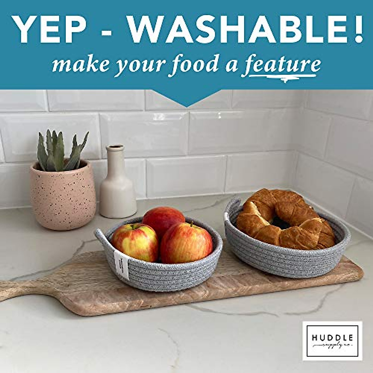 Small Basket Set - 2PC WASHABLE Small Storage Basket 100% Cotton Small Rope Basket 7.5" Small Woven Basket for Key Basket, Mini Basket, Kitchen Basket, Remote Basket (Grey)