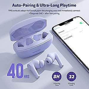 DACOM Bluetooth Headphones True Wireless Earbuds Mini Charging Case Noise Cancelling Wireless Earphones 40H Playtime Touch Control ENC in-Ear Headsets Deep Bass for Sport Running Fitness Purple