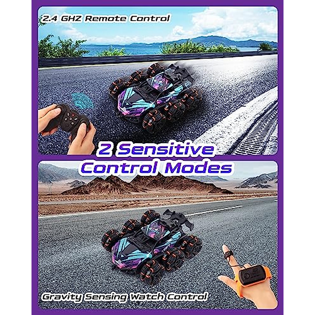 SUPERSUN Remote Control Car, 1:24 RC Stunt Car, 360 Flips Rotating RC Cars with Light Spray Effect, 6WD 2.4Ghz Electric Racing Toy Car, Birthday for Boys Kids Over 6 Years Old
