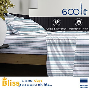 THREAD SPREAD 100% Cotton Printed Bed Sheets - 600 TC 4 Pc Blue & Grey Dotted Full Striped Sheet Set - Hotel Luxury Sateen Bedsheets - Deep Pockets - Breathable & Cooling Sheets for Full Size Bed