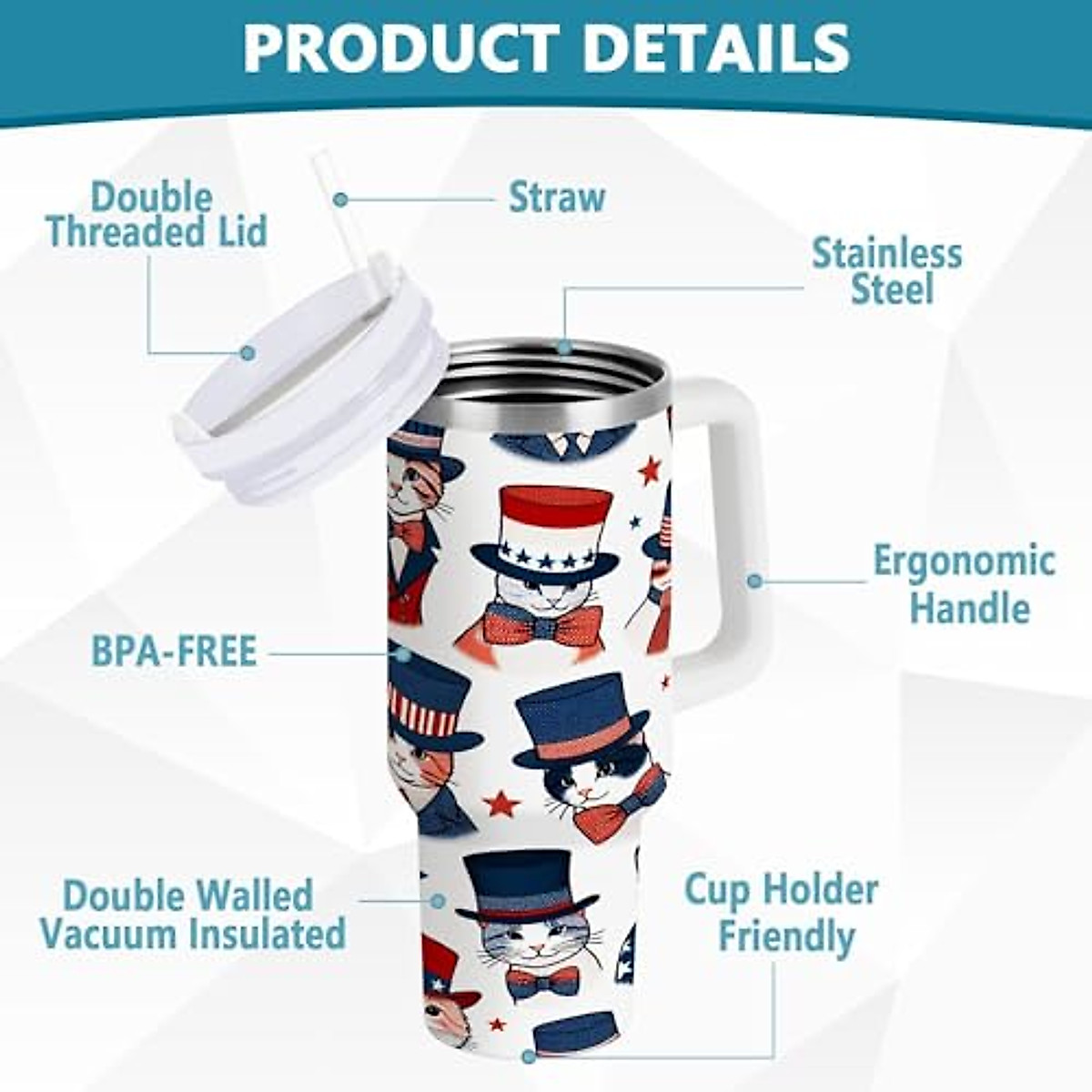 Maunzc 40 oz Tumbler with Handle and Straw, Insulated Stainless Steel Travel Mug with Lid for Coffee, Iced Tea, Water, Gift for Men Women (Gentleman Cats)