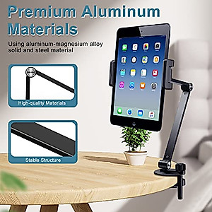 ZEXMTE Tablet Stand Holder, Adjustable Desktop Tablet Holder Mount Foldable Phone Stand with 360° Swivel Phone Clamp Mount Holder,Stable Tablet Stand for iPad 4.7-12.9" Tablets/Phones-Black