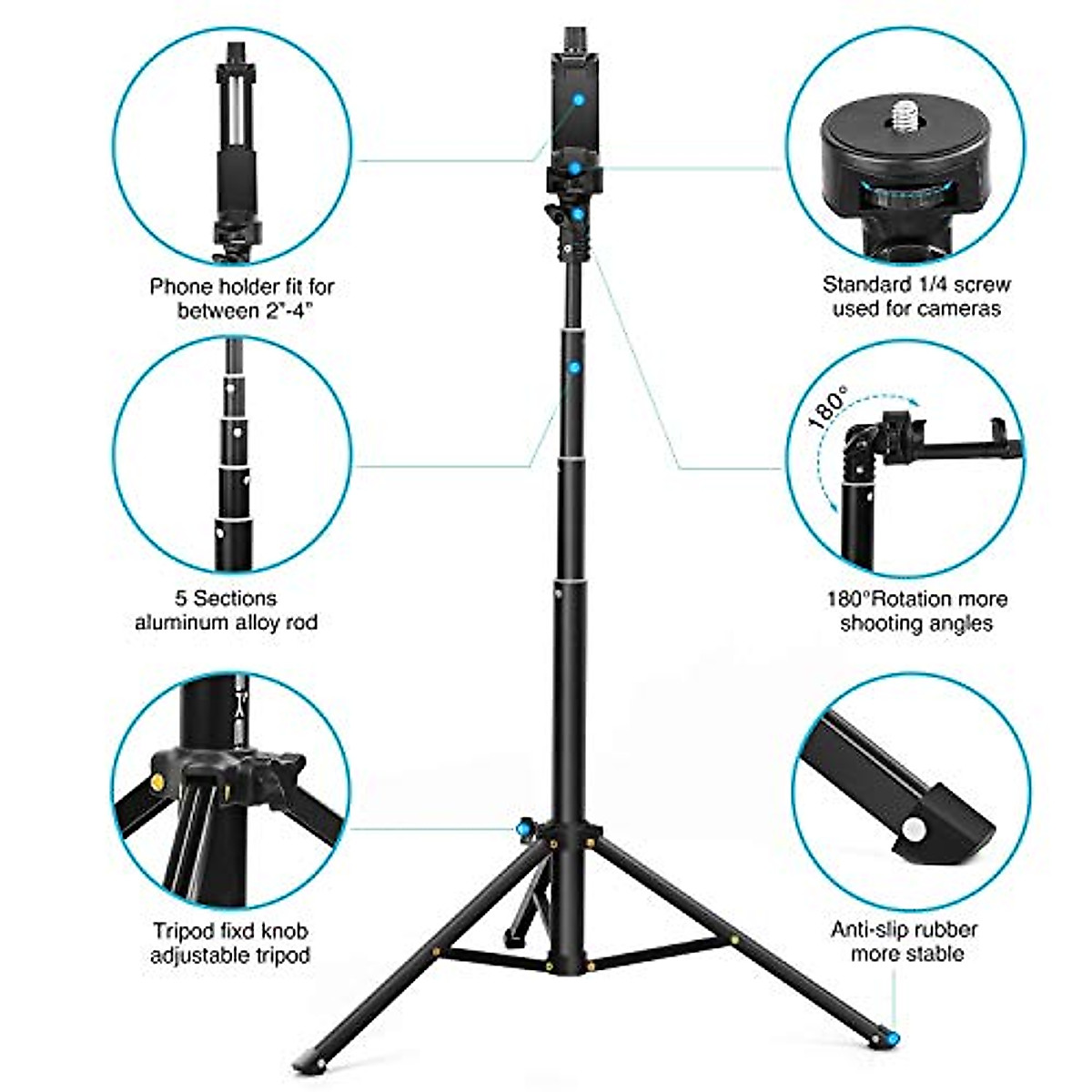 Selfie Stick Tripod 52 Inch Cell Phone iPhone Tripod Stand with Bluetooth Remote Smartphone for iPhone 11 Xs X 6 7 8, Android Cellphone Gopro Camera Mount Portable Monopod Feet Travel Lightweight …