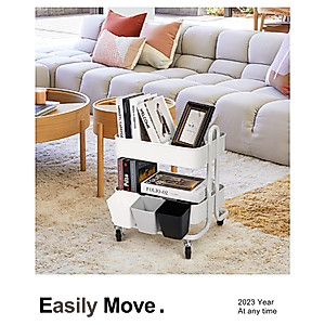 2-Tier Rolling Cart with Wheels, G-Hemobel Metal Utility Cart with 3 Hanging Cups and 2 Lockable Wheels, Organizer Cart with Multi-Functional Storage, White