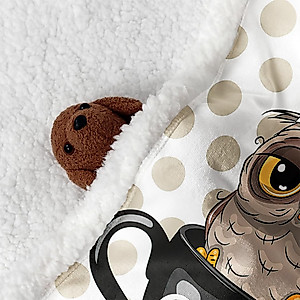 YISUEMEI Cartoon Owl Sherpa Blanket, Soft and Plush Coffee Cup Polka Dot Pattern Fleece Throw Blanket, Gifts for Women Kids Boys and Girls, 50x60 Inches