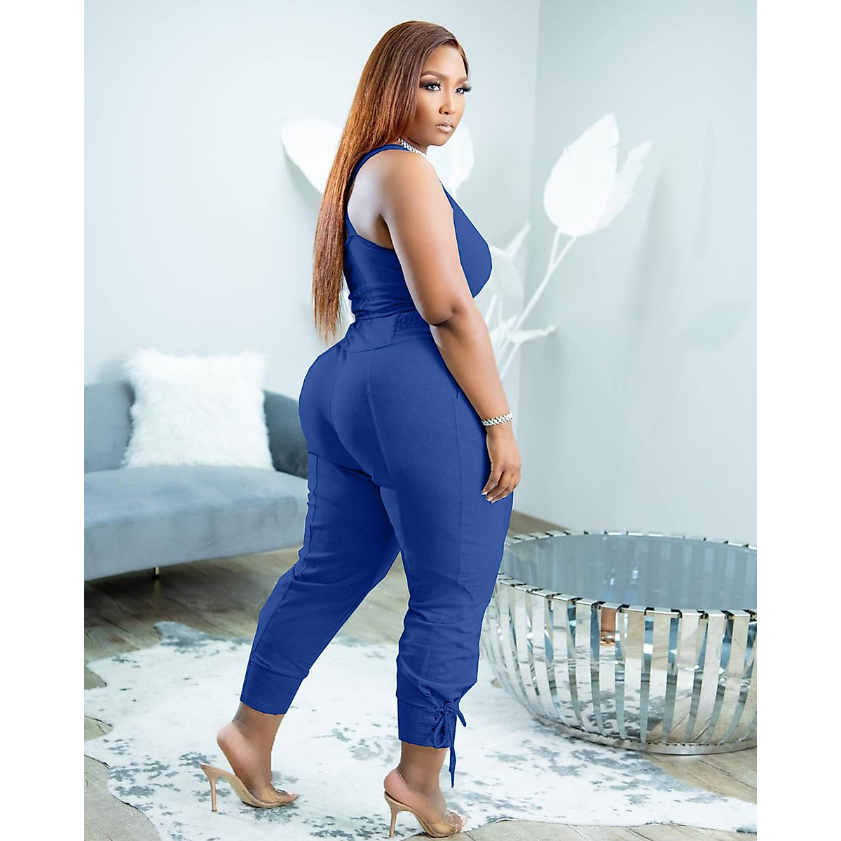 Doweha Two Piece Outfits for Women Sexy Summer Joggers Crop Tank top Sweatsuits Biker Short Set Matching Sets Tracksuit Jumpsuit Blue XL