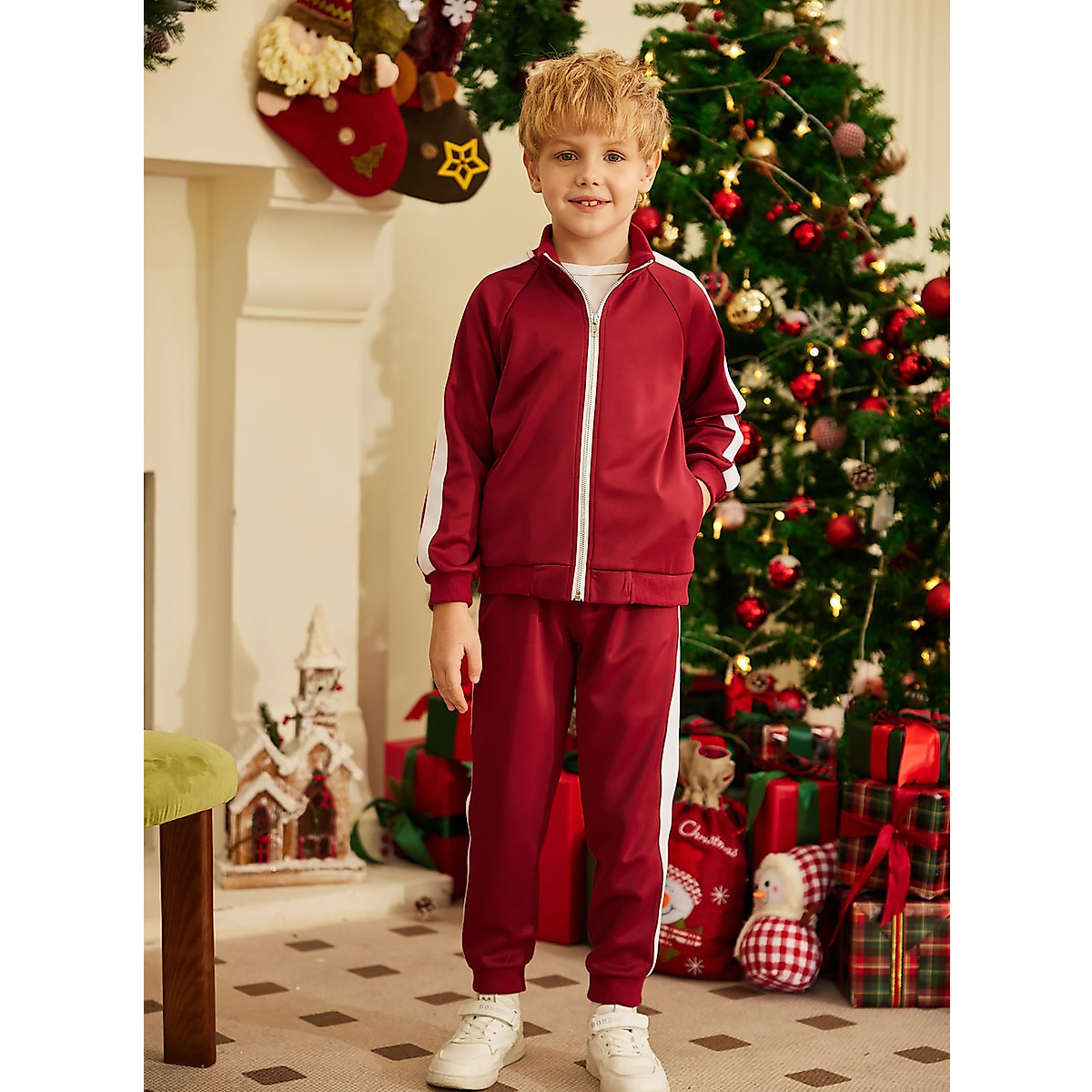 Arshiner Boy's 2 Pieces Full Zip Tracksuits Burgundy Sport Suits Casual Outfits Jacket & Pants Tracksuit Set