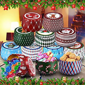 Yungyan Christmas Candle Tin Cans Set Metal Candles Tin Gifts Jars with Lids 8 oz Christmas Cookie Tins Candle Containers for Candle Making Storing Biscuits Tea Party Favors (12 Pcs)