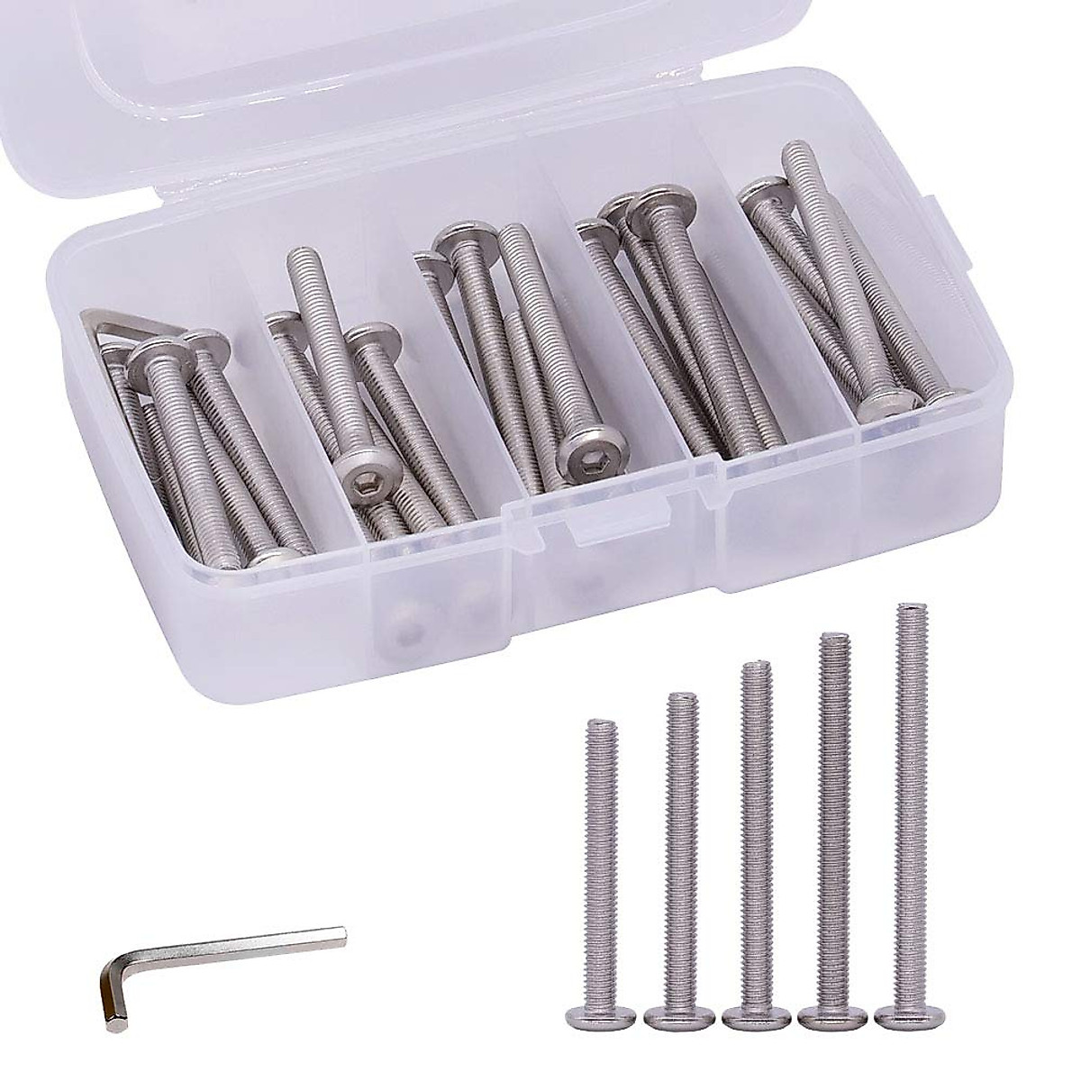 M6 x 50mm, 55mm, 60mm, 65mm, 70mm Stainless Steel Furniture Bolts Flat Socket Head Cap Screws Assortment 25 PCS, 304 Stainless Steel 18-8, Full Thread, Bright Finish