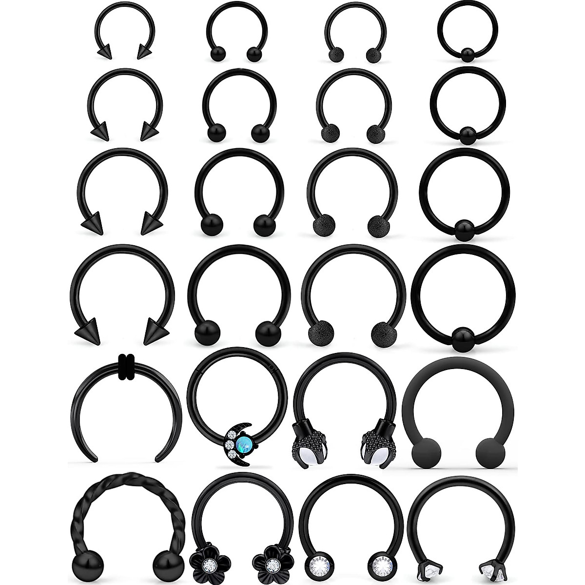 Yaalozei 16G Septum Rings Jewelry Stainless Surgical Steel Opal Flower Black Moon Septum Nose Lip Ring Hoop Earring Clicker Horseshoe Barbell Smiley Piercing Jewelry for Men Women 8mm 10mm 12mm 14mm