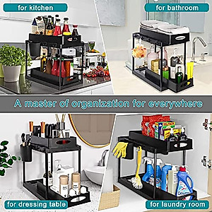 ATTGREAT Under Sink Organizers and Storage, 2 Tier Bathroom Cabinet Organizer with 2 Hanging Cups and 4 Hooks, Sliding Cabinet Organizer Drawer for Home Storage(Black)