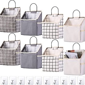 8 Packs Wall Hanging Storage and 10 Pieces Sticky Hooks Waterproof Over The Door Closet Storage Hanging Caddy Bag Hanging Closet Organizer Linen Cotton Bag for Bedroom Bathroom Kitchen (Cute Color)