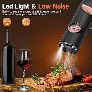 Electric Salt and Pepper Grinder Set (2 Pack), USB Rechargeable One Hand Operation, Adjustable Coarseness Mill Grinders Shakers LED Light, Automatic Pepper Grinder for Kitchen Gadgets Gifts