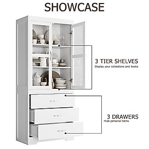 FOTOSOK White Kitchen Pantry Cabinet, 67’’ Tall Storage Cabinet with 2 Tempered Glass Doors, Modern Kitchen Cupboard, Bathroom Storage with 3 Shelves and 3 Drawers for Home Office