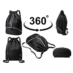 BRILISLE Drawstring Backpack Water-Resistant Sports Gym Bag for Women & Men with Shoes Compartment and Wet-Proof Pocket Black