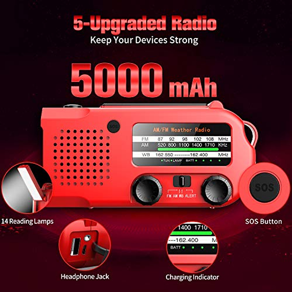 iRonsnow 5000mAh AUTO Alert Emergency Weather Radio, Solar Hand Crank Portable NOAA AM/FM Radio with Headphone Jack Power Bank USB Phone Charger, SOS Alarm Flashlight, Reading Light for Camping Hiking