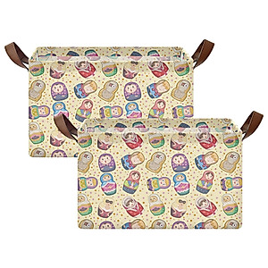 pnyoin Russian Dolls Pattern Large Capacity Storage Bins ,2 Pack Decorative Fabric Closet Bins with Handles Waterproof Foldable Rectangle Storage Boxes for Organizing Clothing, Sheets, Toys