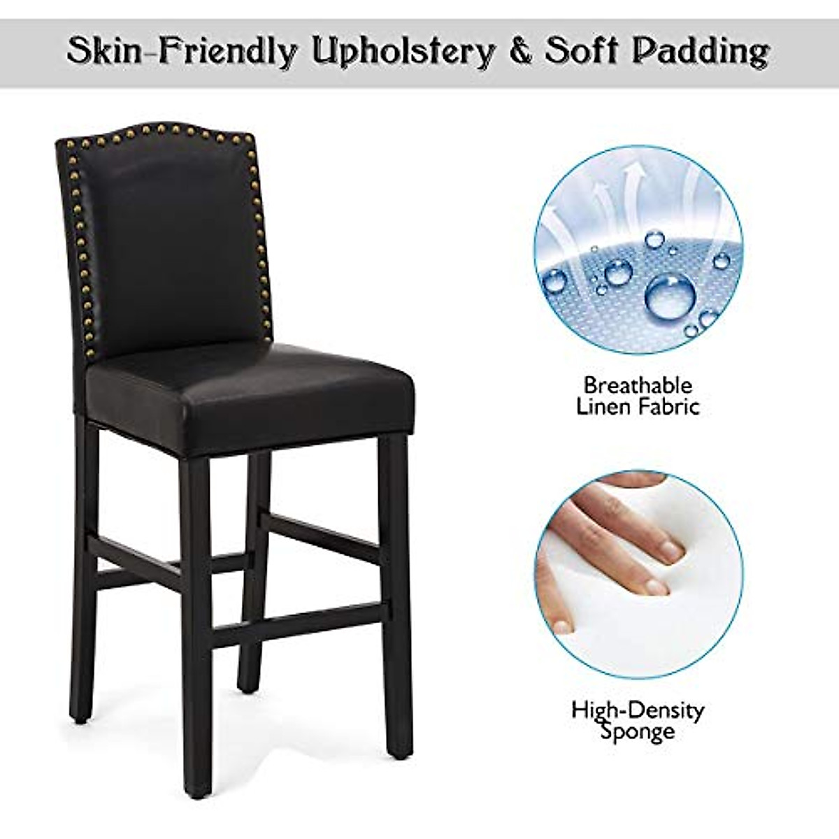 glitzhome Bar Stools Set of 2, 45" H Black Bonded Leather Armless Barchair with High-Back Studded Solid Rubberwood Legs for Kitchen Island Breakfast Chair for Dining Room, Party Room & Restaurant