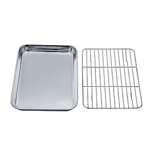 TeamFar Toaster Oven Tray and Rack Set, 9.3’’ x 7’’ x 1’’, Stainless Steel Toaster Oven Pan Broiler Pan, Non Toxic & Healthy, Easy Clean & Dishwasher Safe