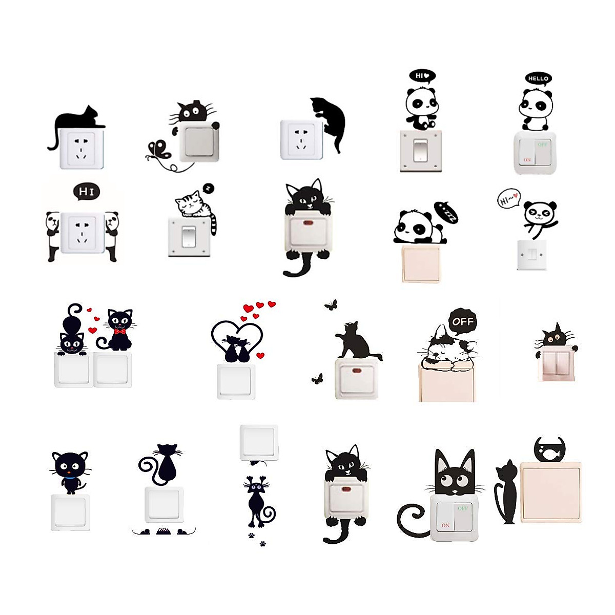 Adam Victor Removable Switch Stickers, Various Lovely Cats, Pandas Different Cartoon Wall Sticker Decor, Family Light Switch Decals DIY Kids Bedroom Car Stickers Office Home Decoration (20 PCS)