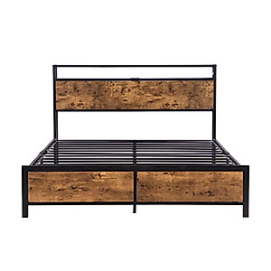 MWrouqfur Modern Industrial Queen Bed Frame with LED Lights and 2 USB Ports,Bed Frame Queen Size with Wood Storage Headboard and 12" Under Bed Storage,Noise Free,No Box Spring Needed (Queen)