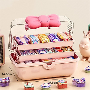 BUDUBIBI 3-Layer Storage Box Art Craft Organizer Storage Box, Hair Accessories Organizer for Girls Hair Clips, Headbands, Plastic Portable Jewelry Box, Folding Multipurpose Storage Box (Pink)