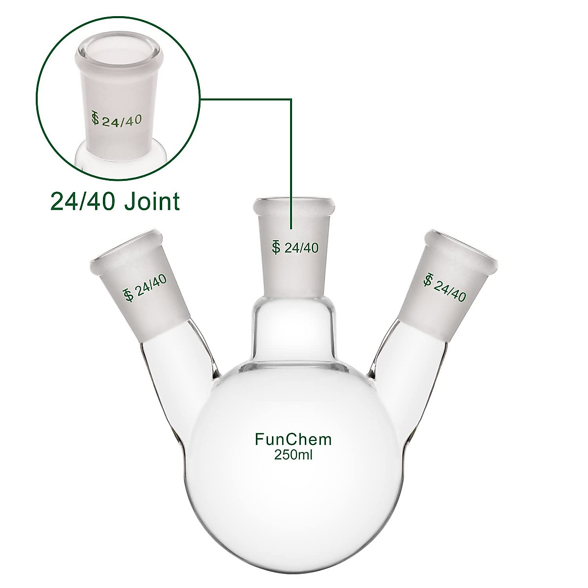 FunChem Three Necks Round Bottom Flask RBF, Glass 3-Neck Boiling Flask with 24/40 Standard Taper Outer Joint, 250 ml