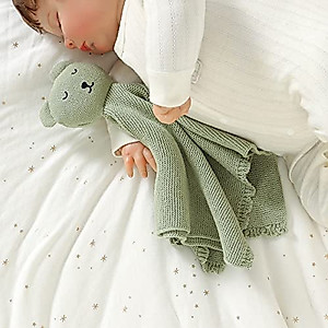Hadetoto Baby Security Blanket Bear Newborn Babe Lovey Snuggly Adorable Cozy Cotton Baby Knit Blankets for Unisex Infants Boys and Girls Gifts, Light Green