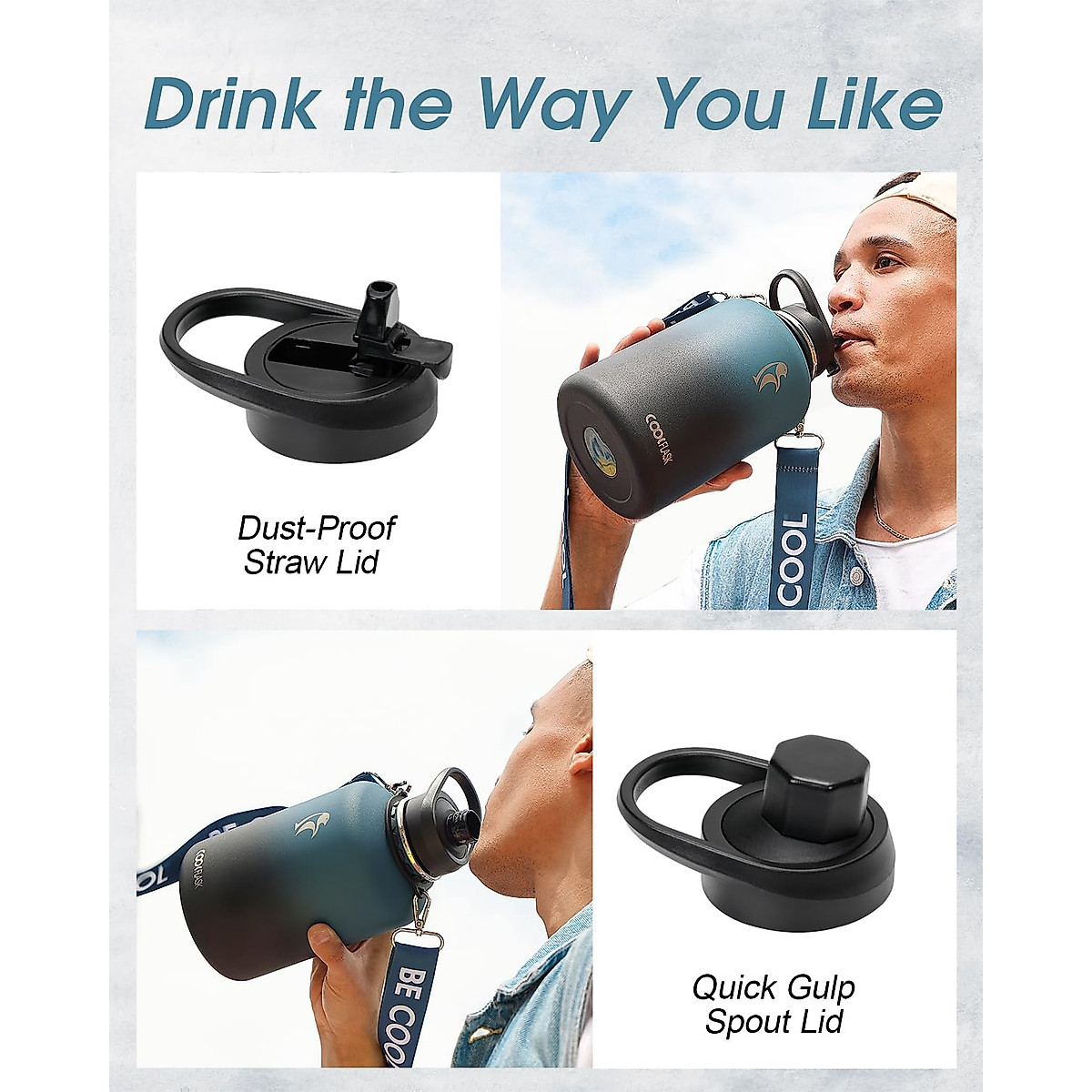 Coolflask 64 oz Water Bottle Insulated with Strap, Half Gallon Water Jug Stainless Steel with Straw & Spout Lids, Metal Large Water Flask, Keep Cold 48h Hot 24h, Leak Proof & Non-BPA, Prussian Blue