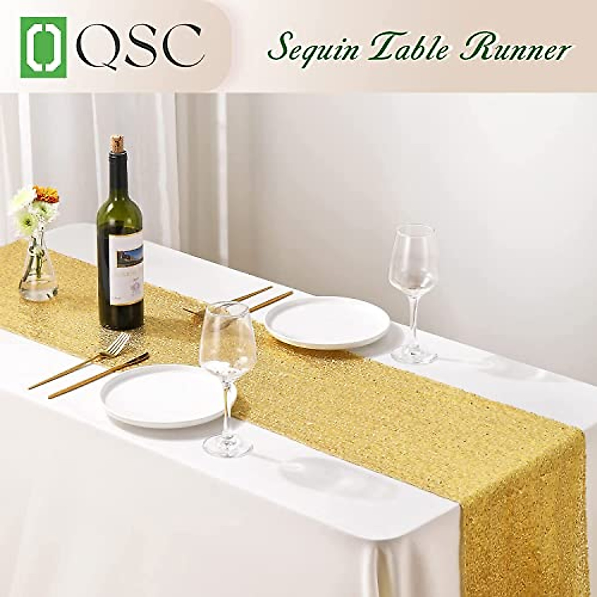 OQSC Gold Table Runners - Sequin Table Runner Glitter Table Runner for Birthday Party Supplies, 10 Pcs, Gold