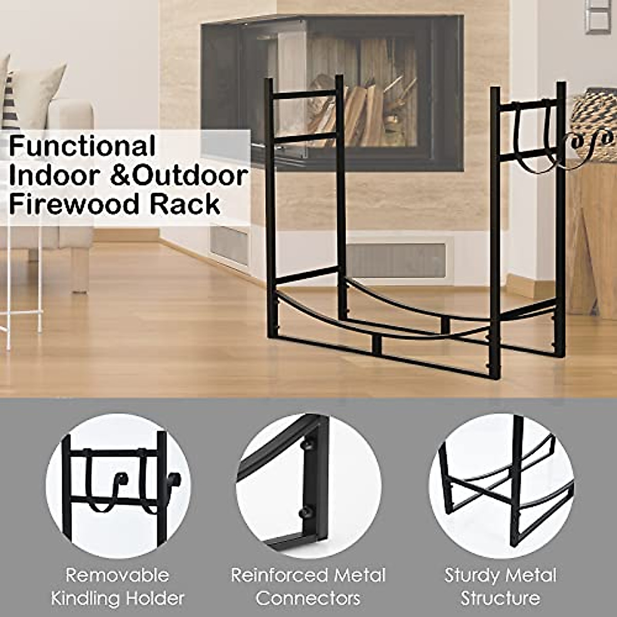 Goplus Firewood Rack, 33” Heavy Duty Metal Wood Log Holder with Removable Kindling Holder,Quick Set-up, Wood Storage Stacker, Fireplace Log Stand Organizer for Indoor & Outdoor Use