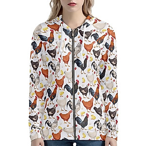Biyejit Cute Chicken Rooster Women Long Sleeve Hooded Sweatshirts Zip Up Hoodies Lightweight Athletic Jacket with Pocket Ladies Casual Tops