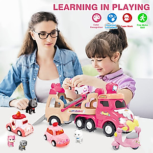 seveclotree 9 in 1 Carrier Truck Cars Toys for Girls Toddlers,Pink Princess Girl Car with Light and Sound,Toddler Girl Toys Age 1-2 2-4,Toys for 1 2 3 Year Old Girls Birthday for Baby Girl…