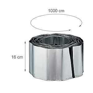 Relaxdays 10m Lawn Edging, Metal Flowerbed Border, Galvanized, Flexible, Garden Fencing, 16 cm Tall, Silver