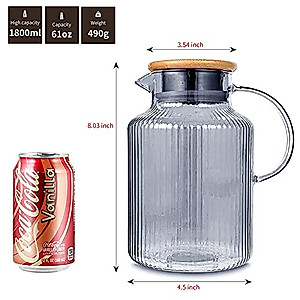 LUCKY-GO Glass Pitcher with Filter Lid, Spout and Handle, 61 Ounces Heat Resistant Borosilicate Glass Water Pitcher, Glass Carafe with Brush for Hot Cold Water, Milk, Iced Tea, Juice, Beverage, Gray