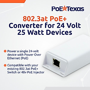 PoE Texas 48v to 24v PoE Converter - Inline PoE Splitter with 24 Volt 25 Watt PoE or DC - Converts IEEE 802.3at PoE+ to 24V Passive PoE or 24V DC Output with Gigabit Data for Ubiquiti and Mikrotik