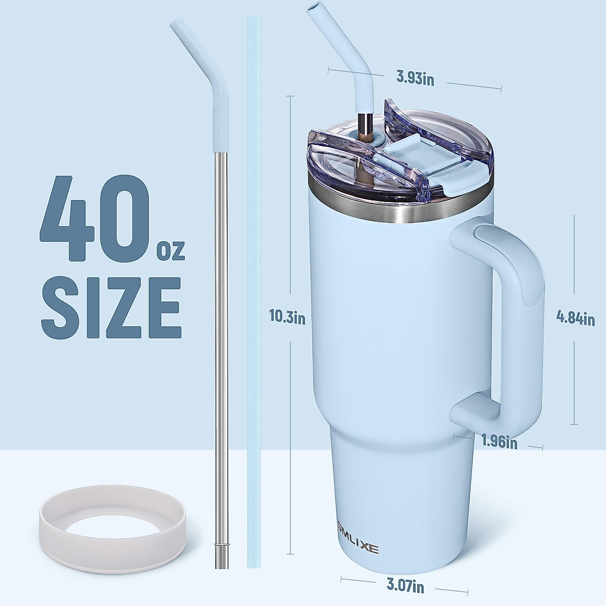 SMLIXE 40 oz Tumbler with Handle and Straw Lid,Insulated Reusable Stainless Steel Water Bottle Travel Mug，Cupholder Friendly Double Wall Vacuum Sealed Cup (Sky Blue)